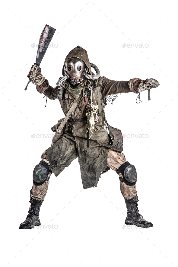 Post apocalyptic human threatening with cane knife Stock Photo by ...