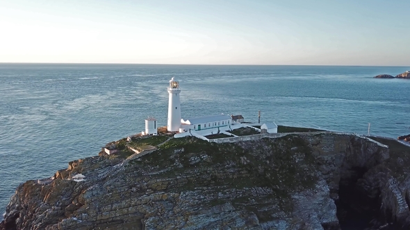 Aerial View of South Stack with Lighthouse During Sunset, Stock Footage