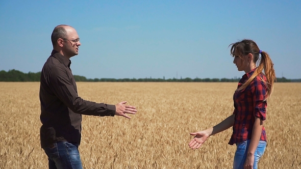 Two Farmers Shake Hands on Background of Field of Barley and Diverge in ...