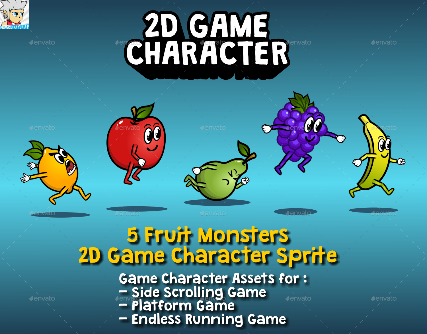 5 Fruit Monsters 2D Game Character Sprite, Game Assets | GraphicRiver