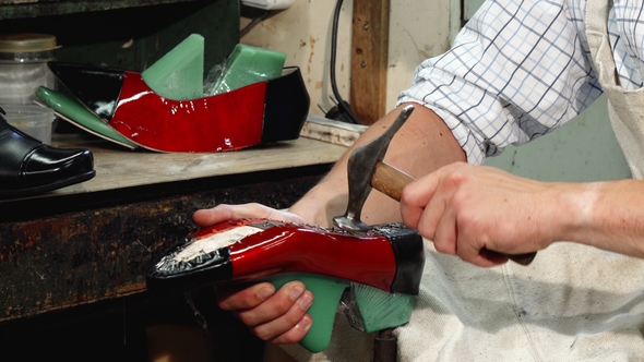 Professional Shoemaker Making New Shoes at His Workshop, Stock Footage