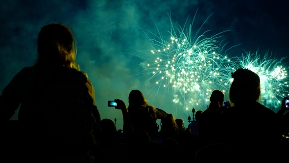 Crowd of People Looks at the Fireworks at Night. Multicolored ...
