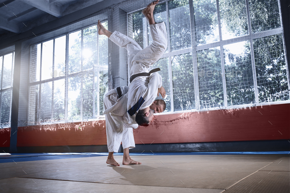 Two judo fighters showing technical skill while practicing martial arts ...