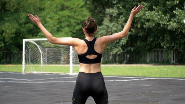 Back View on Young Athlete Woman in Sport Outfit Engaged in Fitness on ...