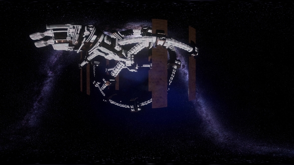 VR 360 Futuristic Spaceship Flying in Space with Mily Way, Motion Graphics