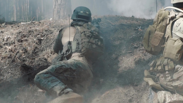 Fully Equipped Soldiers Under Enemy Attack, Jumps Over Mound in Smoky ...