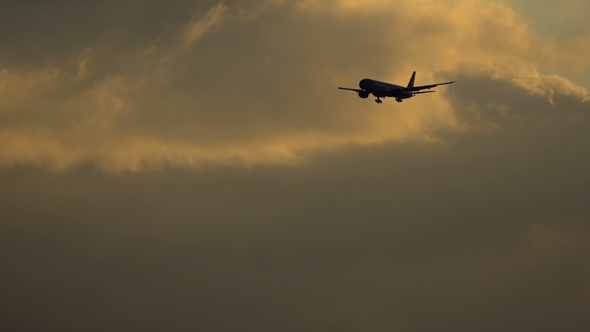 Aircraft on Final Approach at Sunset, Stock Footage | VideoHive