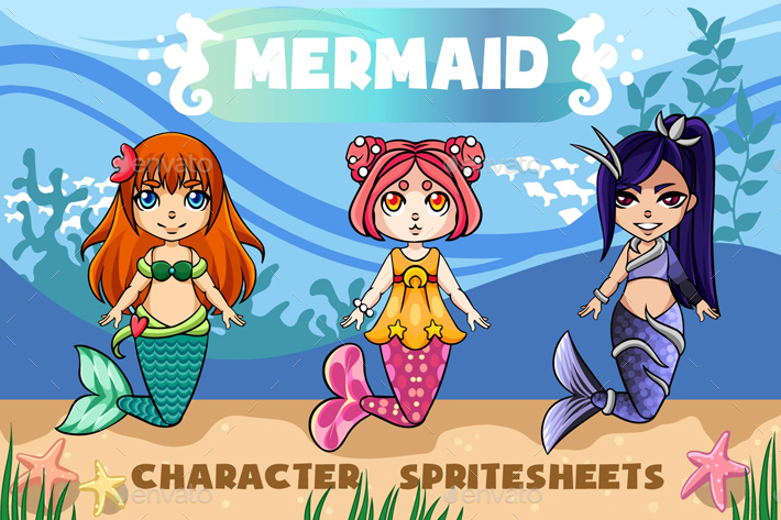 Mermaid Sprites, Game Assets | GraphicRiver