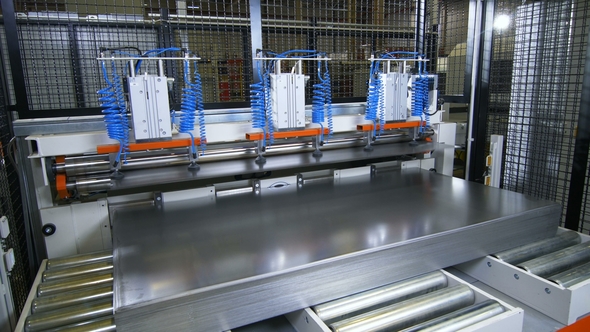 Automated Machine with Rubber Suction Cups Takes Metal Sheets, Stock ...