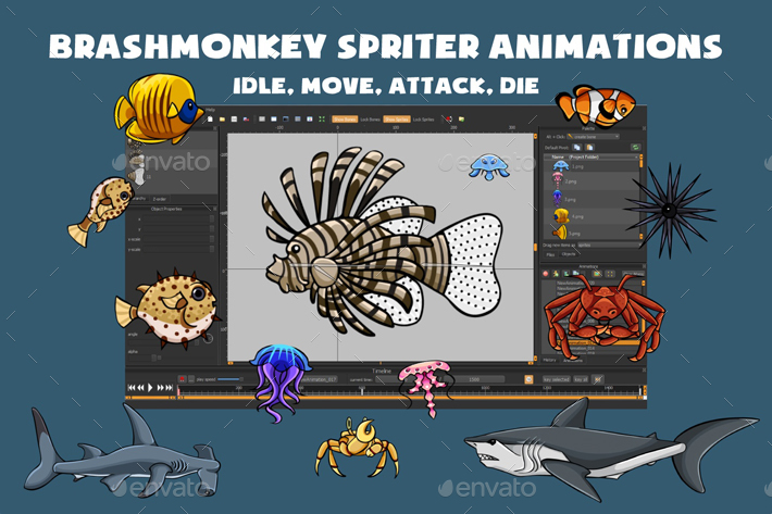 Fish Crab Jellyfish and Shark Sprites, Game Assets | GraphicRiver