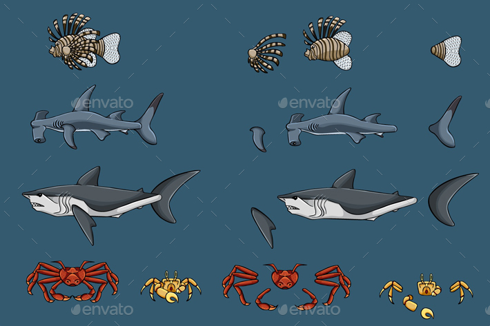 Fish Crab Jellyfish and Shark Sprites, Game Assets | GraphicRiver
