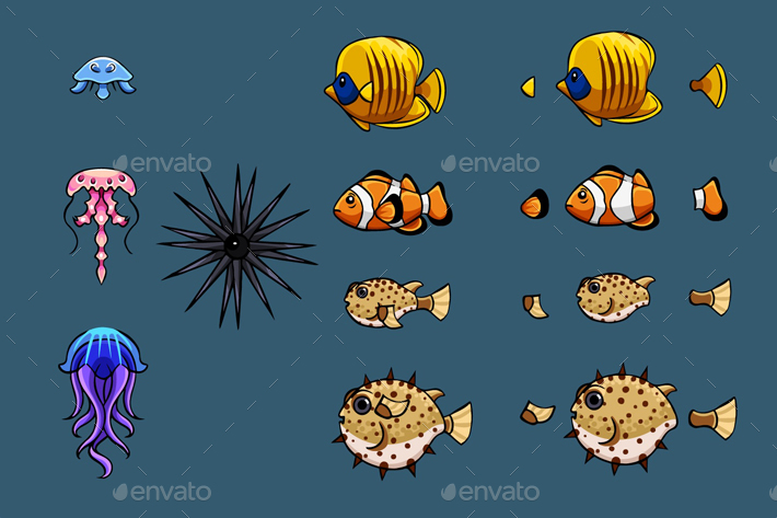 Fish Crab Jellyfish and Shark Sprites, Game Assets | GraphicRiver
