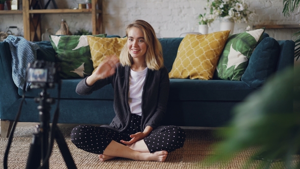 Pretty Girl Vlogger Is Recording Video for Her Internet Vlog, Young ...