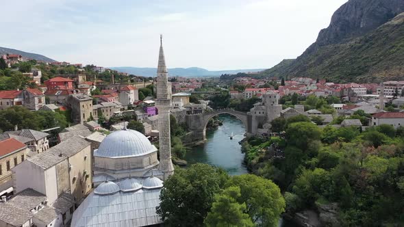 Stari Most and Old Mosque in Mostar, Aerial View, Stock Footage | VideoHive