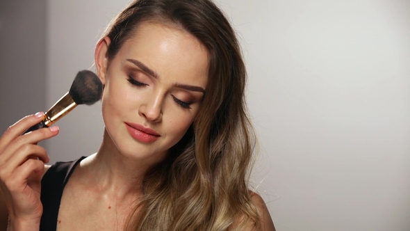 Face Makeup. Smiling Woman Applying Powder On Skin, Stock Footage ...