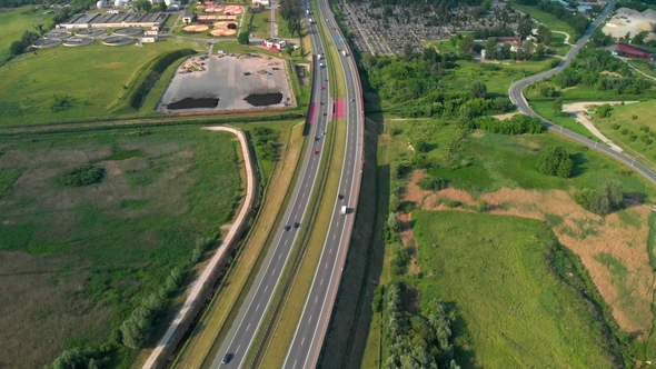 Aerial View Of A Freeway. Descending Shot Cars Driving By the Road ...