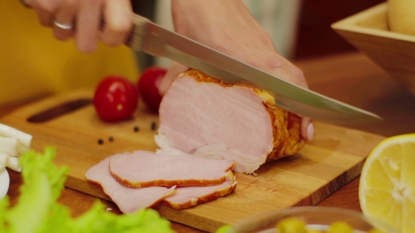 Cutting the Slices of Ham on Board, Stock Footage | VideoHive