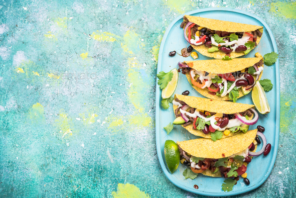 Mexican street food tacos, border background Stock Photo by merc67