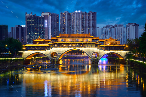 Anshun bridge at night, Chengdu, China Stock Photo by Dmitry_Rukhlenko