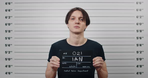 Portrait of Young Male Criminal Person Holding Sign for Photo in Police ...