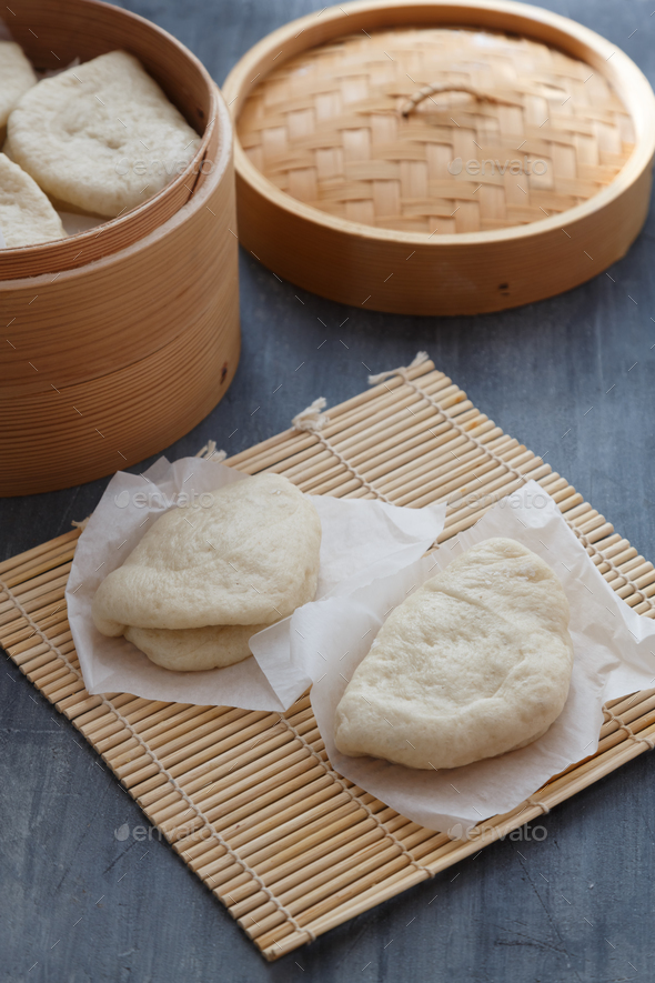 Gua bao, steamed buns in bamboo steamer, bao buns. Stock Photo by ...