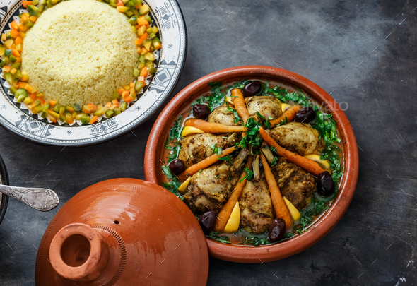 Chicken tajine with couscous and salad, morrocan cuisine Stock Photo by ...