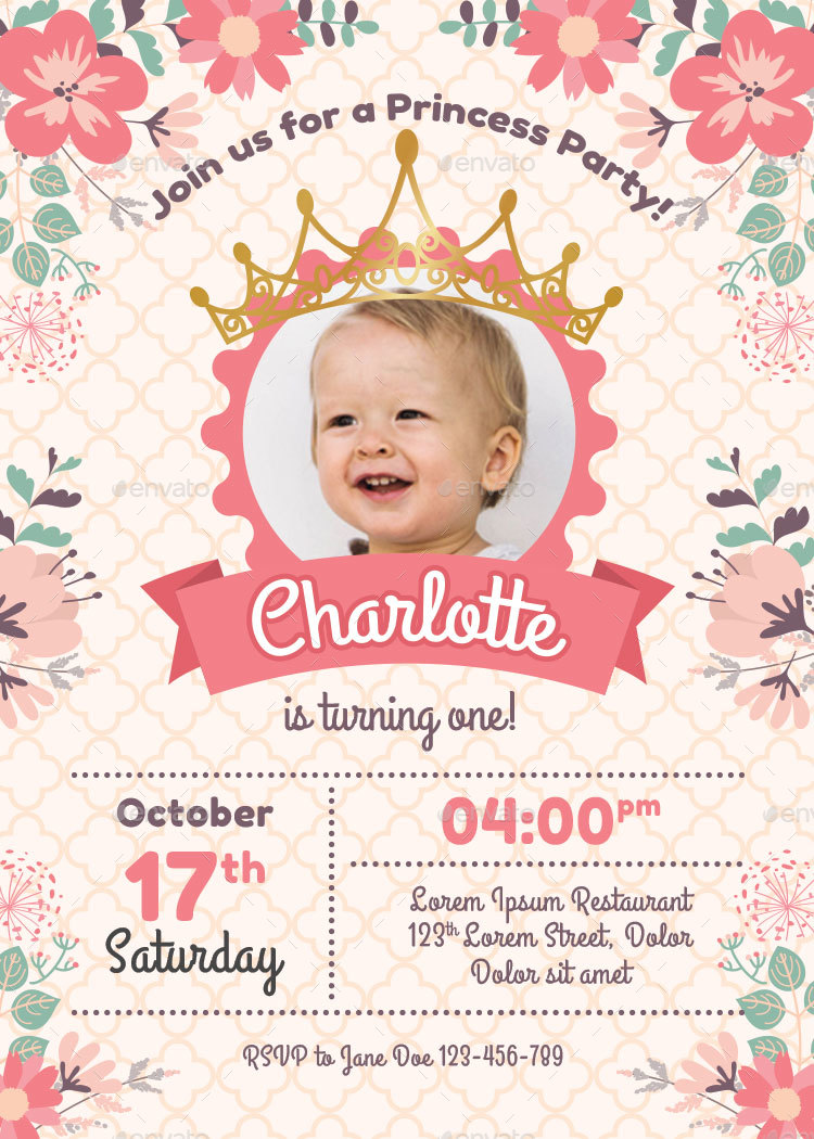 Pink Princess Birthday Invitation Set, Print Templates | GraphicRiver