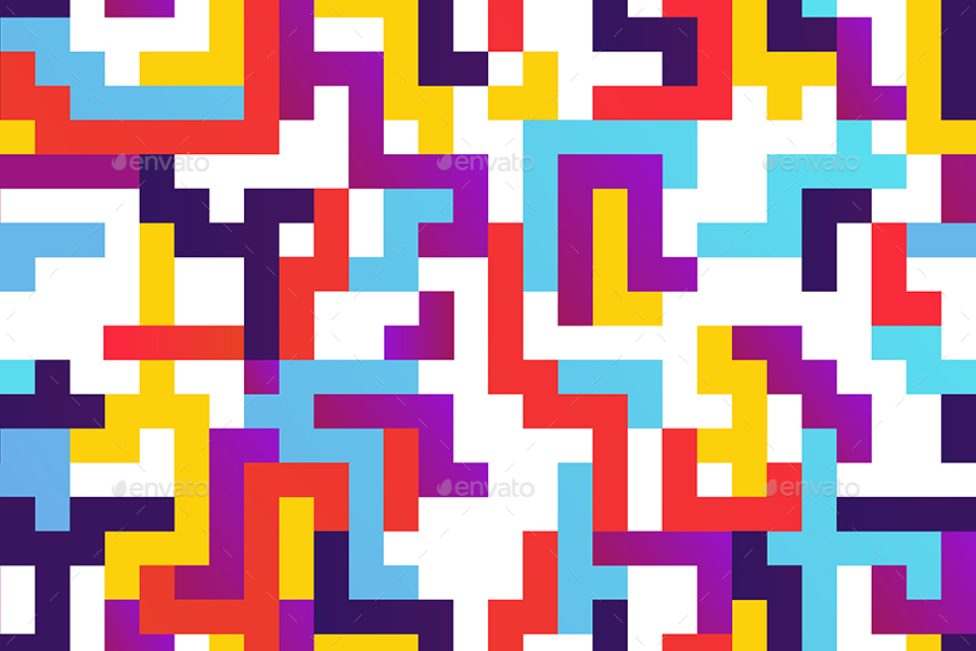 Pixel Art. Multi-colored Pixels in 8 Bit Style Seamless Pattern, Graphics