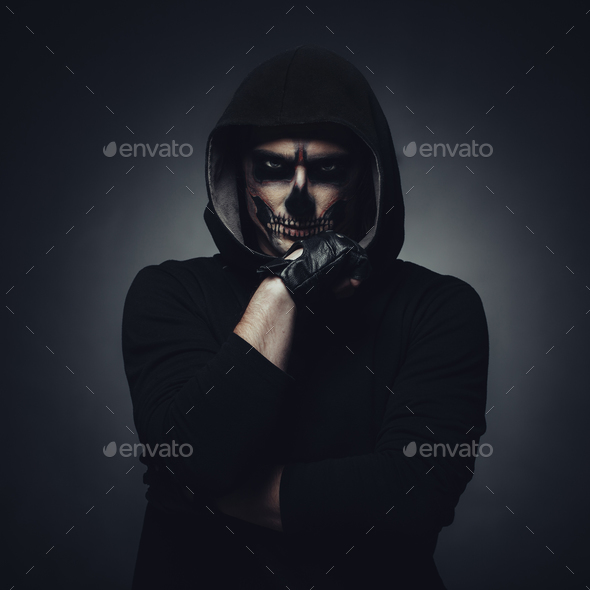 Skull makeup portrait of young man. Halloween face art. Stock Photo by ...