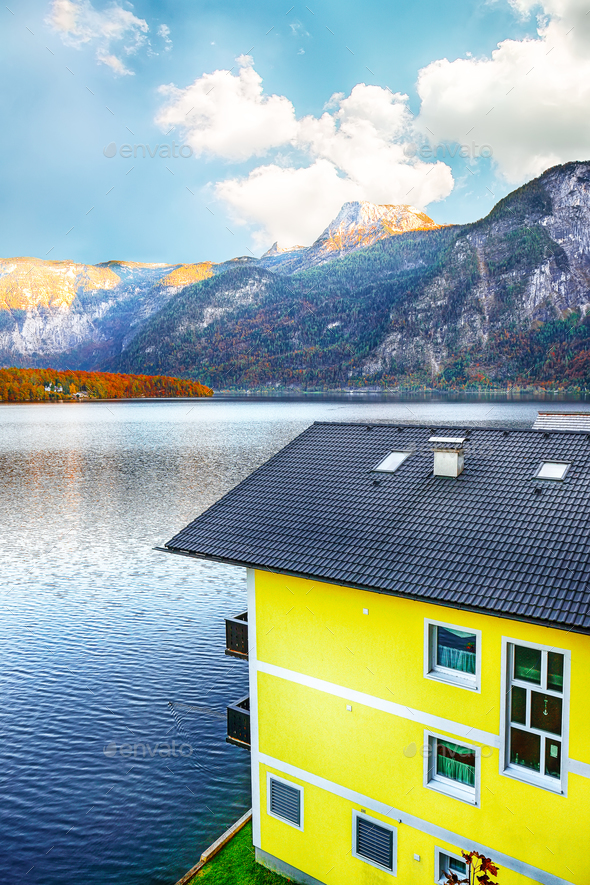 Modern house on the coast of lake in Hallstatt village Austrian Stock ...