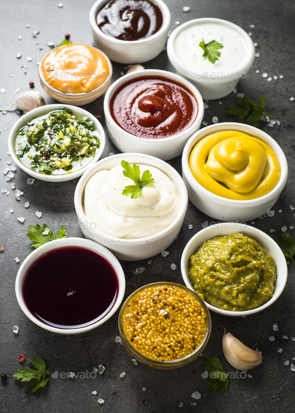 Sauce set assortment - mayonnaise, mustard, ketchup and others Stock ...