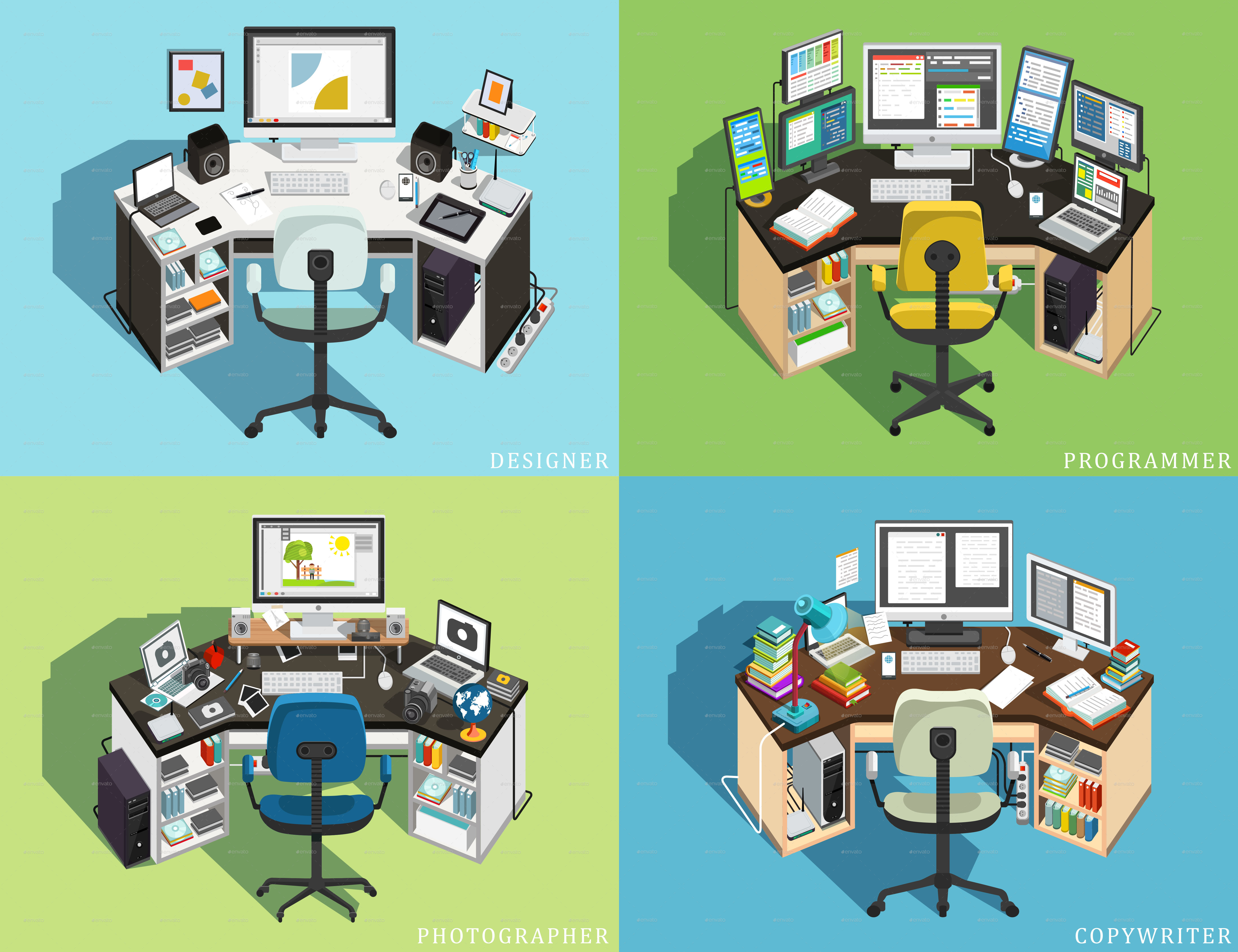 Workplace at the Computer of Different Professions, Vectors | GraphicRiver