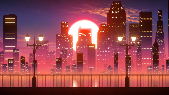 Retro City Skyline Sunset VJ Loop, Motion Graphics | VideoHive