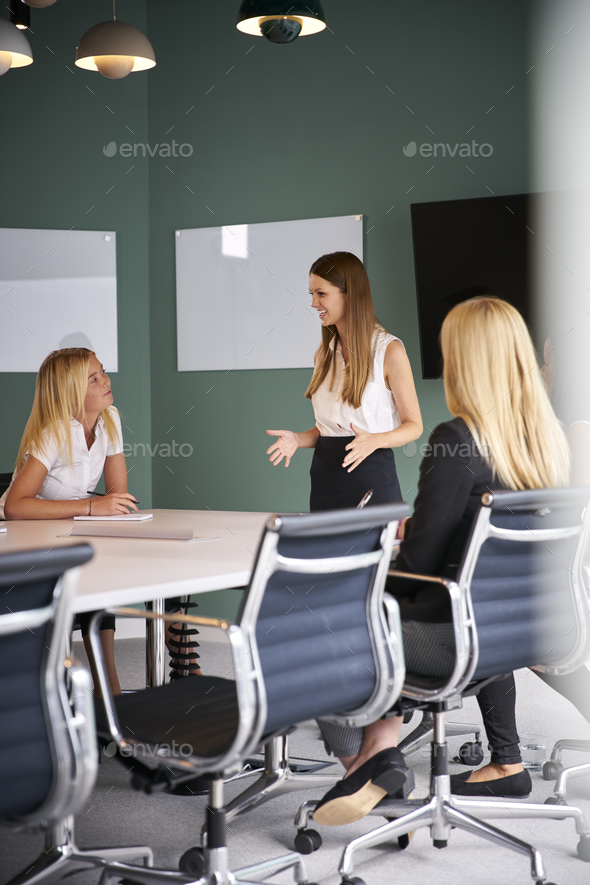 Group Of Businesswomen Sitting Around Boardroom Table And Collaborating ...