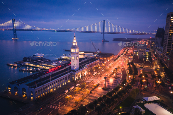Aerial View of San Francisco Ferry Building at Dusk Stock Photo by heyengel