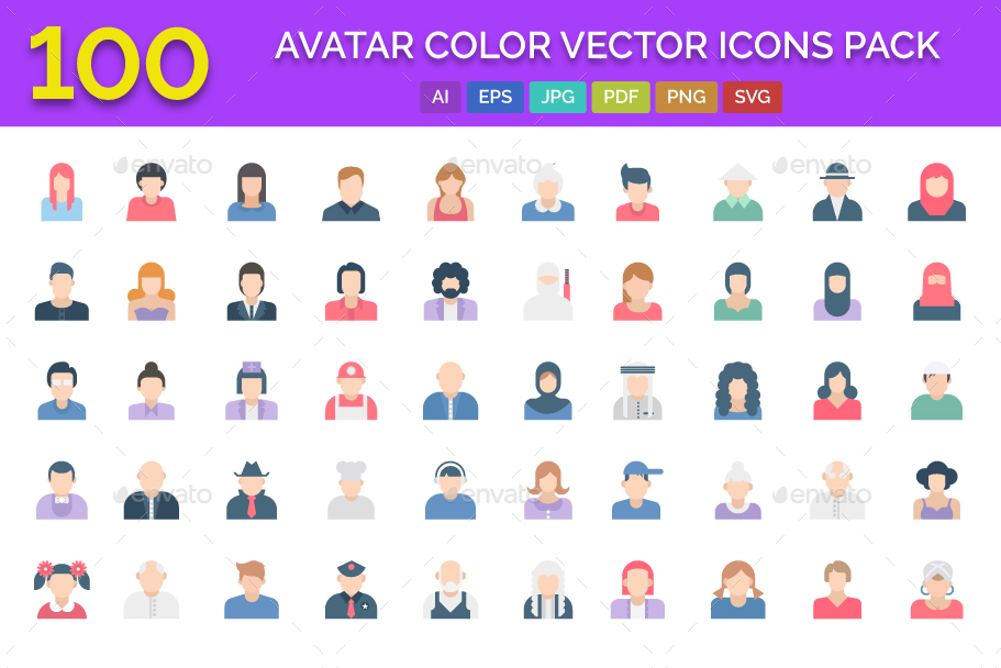 100 Avatar Color Vector Icons Pack, Icons | GraphicRiver