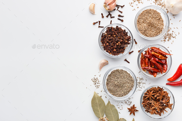 Set of spices, top view, mockup, copy space Stock Photo by Prostock-studio