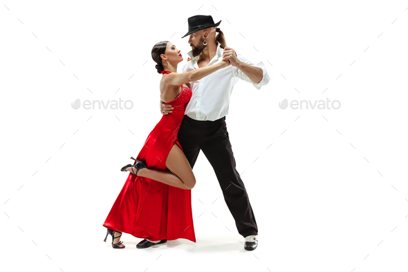 Portrait of young elegance tango dancers. Isolated over white ...