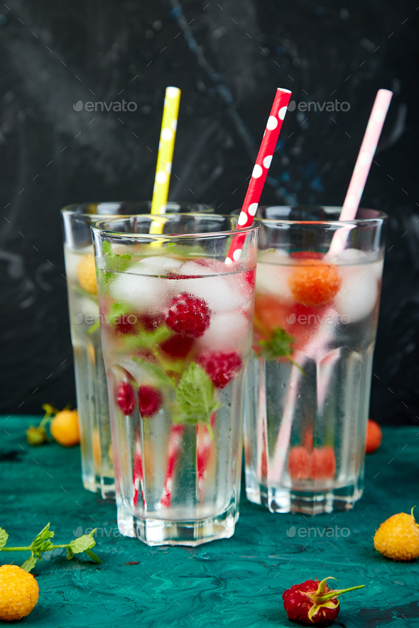 Detox infused flavored water with three color raspberry Stock Photo by ...