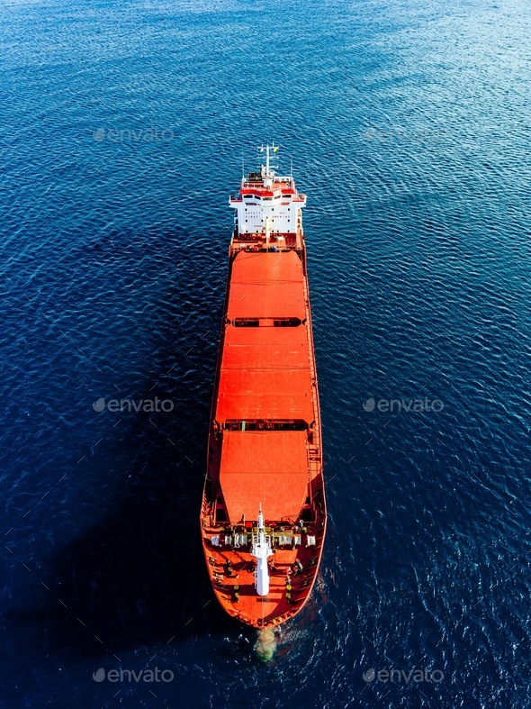 Aerial view of general cargo ship in blue sea. View from above Stock ...