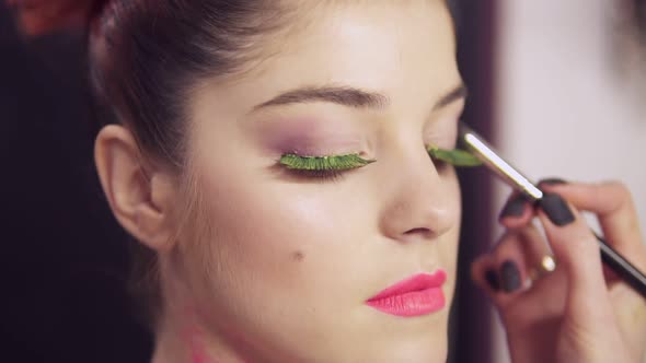Closeup View of Makeup Artist Makes Models Eye Makeup with False ...