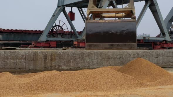 Grapple crane unloading and loading corn feed from truck in port. Bulk ...