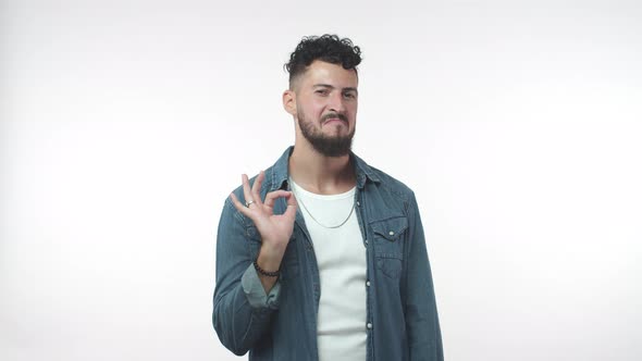 Slow Motion Portrait Impressed Bearded Caucasian Guy Smiling Nod in ...