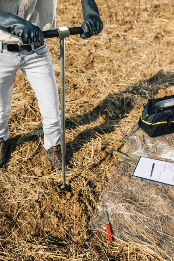 Soil Sampling. Agronomist Taking Sample With Soil Probe Sampler Stock ...