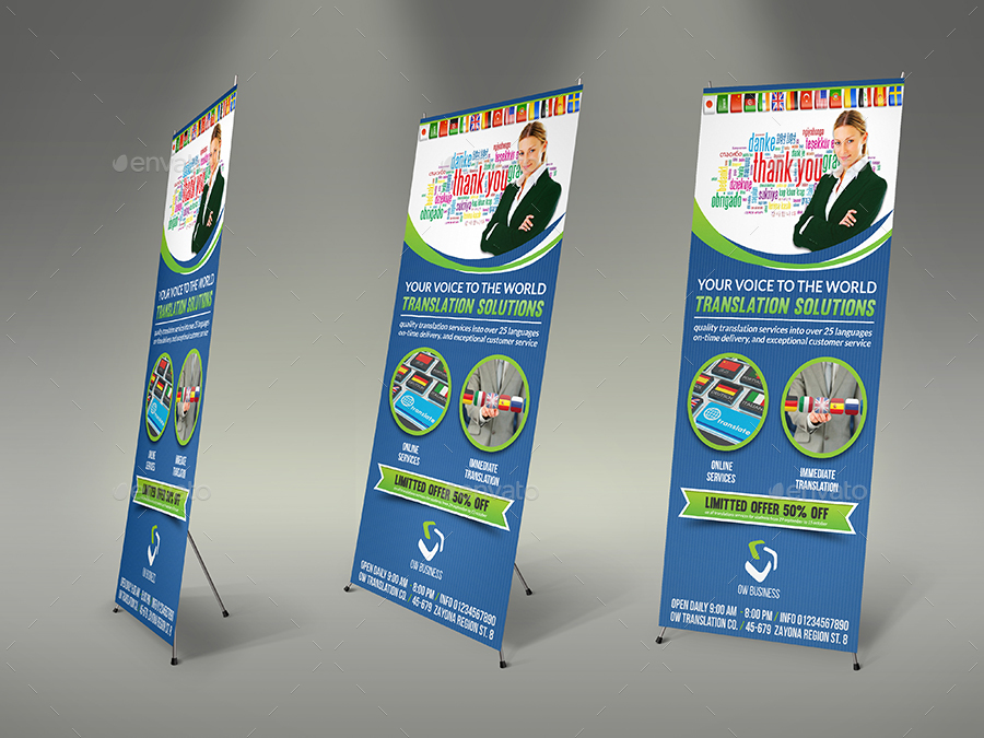 Translation Services Signage Banner Roll Up Template, Print Templates