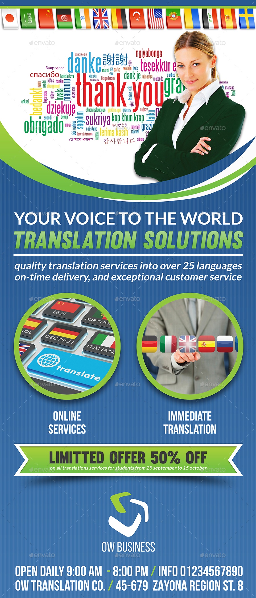 Translation Services Signage Banner Roll Up Template, Print Templates