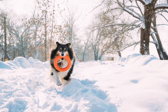 Funny Young Shetland Sheepdog, Sheltie, Collie Playing With Ring Stock ...