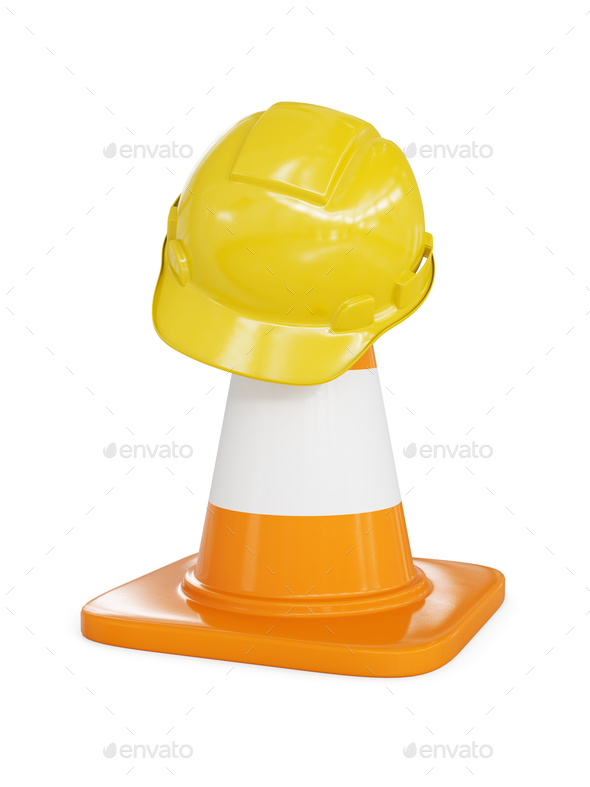Yellow hard hat on highway traffic cone Stock Photo by Dmitry_Rukhlenko