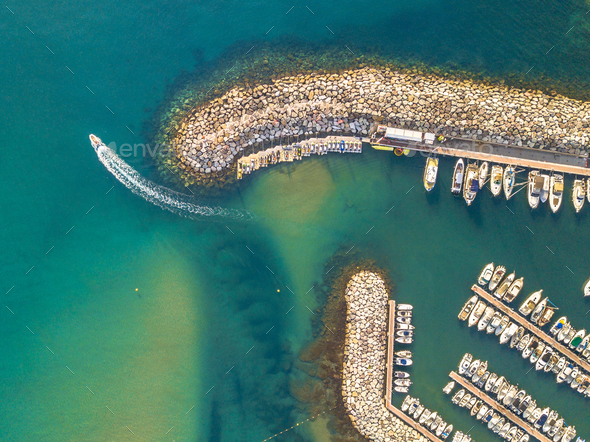 Marina top down aerial view boat sailing off Stock Photo by ...