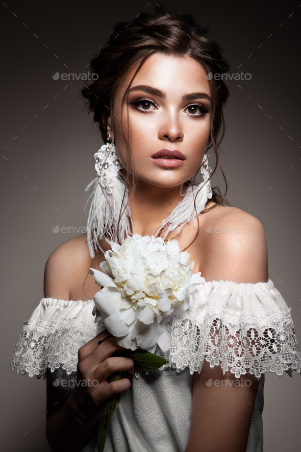 Glamour portrait of beautiful woman model with fresh daily makeup and ...